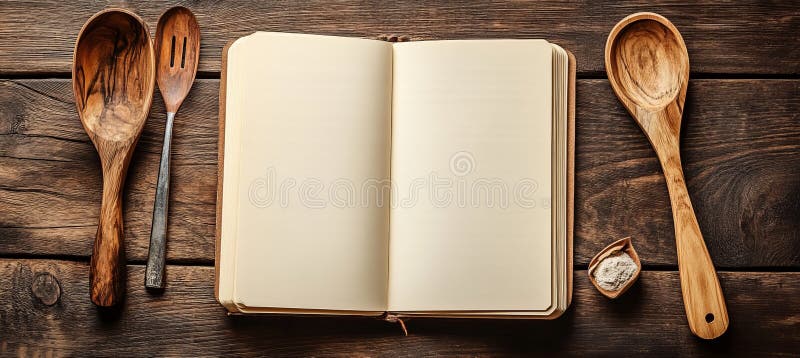 Opened Recipe Notepad Blank Cook Book with Wooden Utensils Kitchenware ...