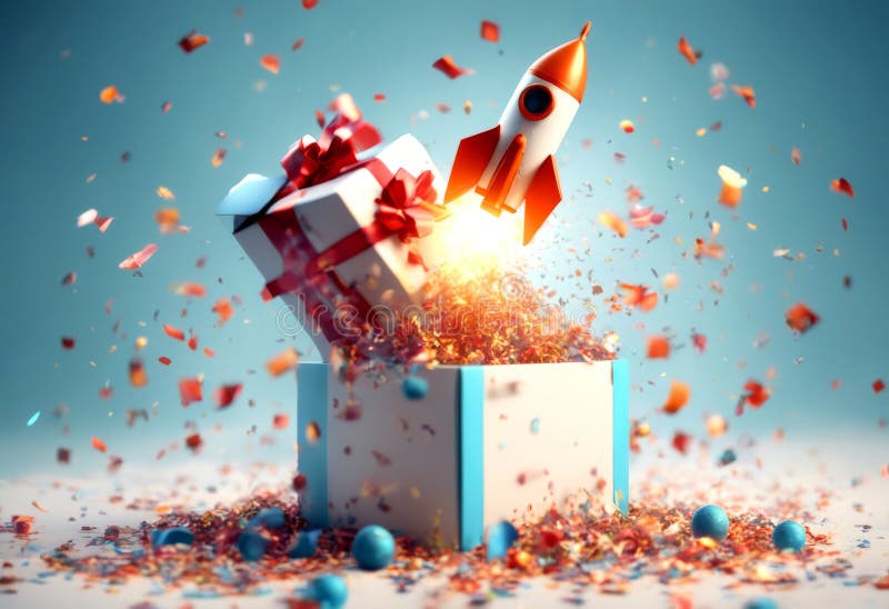 Opened Rocket 3d Render Launch Confetti Gift Box Space Three ...