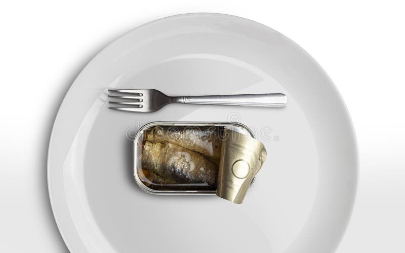Opened Sardine Preserve Fish Can and Silver Fork on a White Plate Stock ...