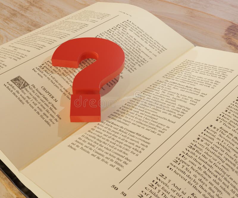 Opened Scripture of Holy Bible with Question Mark on Top of it Stock ...