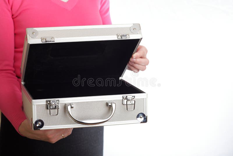 Opened silver case in hand stock image. Image of close - 18460891