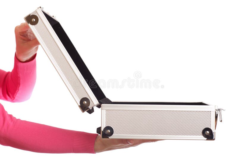 Opened silver case in hand stock image. Image of casket - 19006947