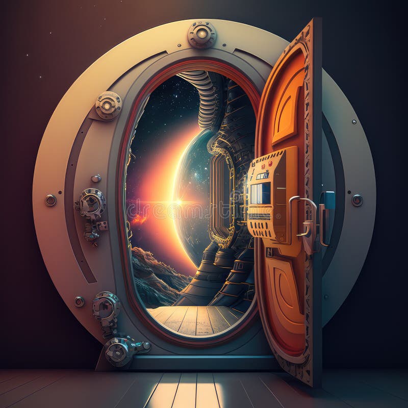 Opened Spaceship Gateway Door and Space Beyond. Abstract Fantastic View ... Opened Spaceship Gateway Door and Space Beyond. Abstract Fantastic View ...