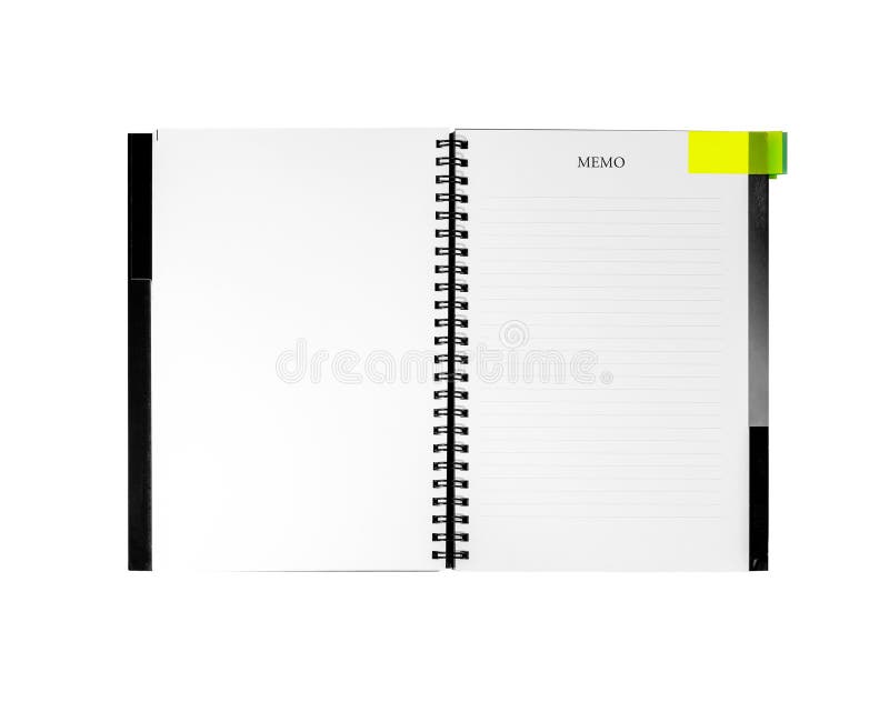 Opened Spiral Notebook with Yellow Page Marker Note Isolated on White ...