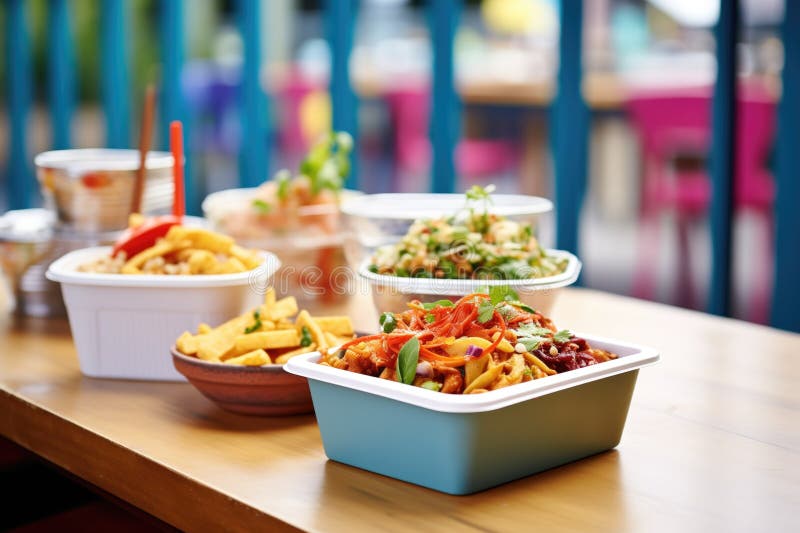 Opened Takeaway Containers with Various Cuisines on Table Stock Photo ...