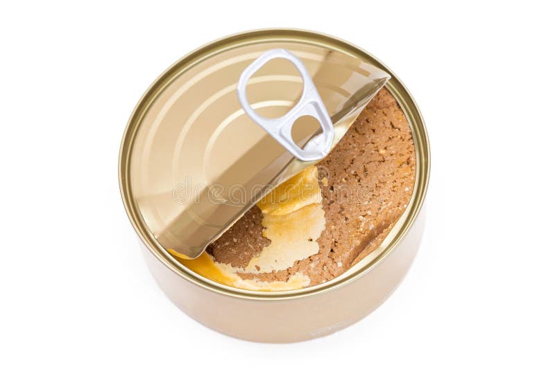 Opened Tin Can with Chicken Liver Pate Isolated on White Background ...