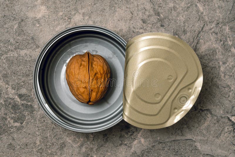 Opened Tin Can with a Single Walnut Inside Stock Image - Image of goods ...