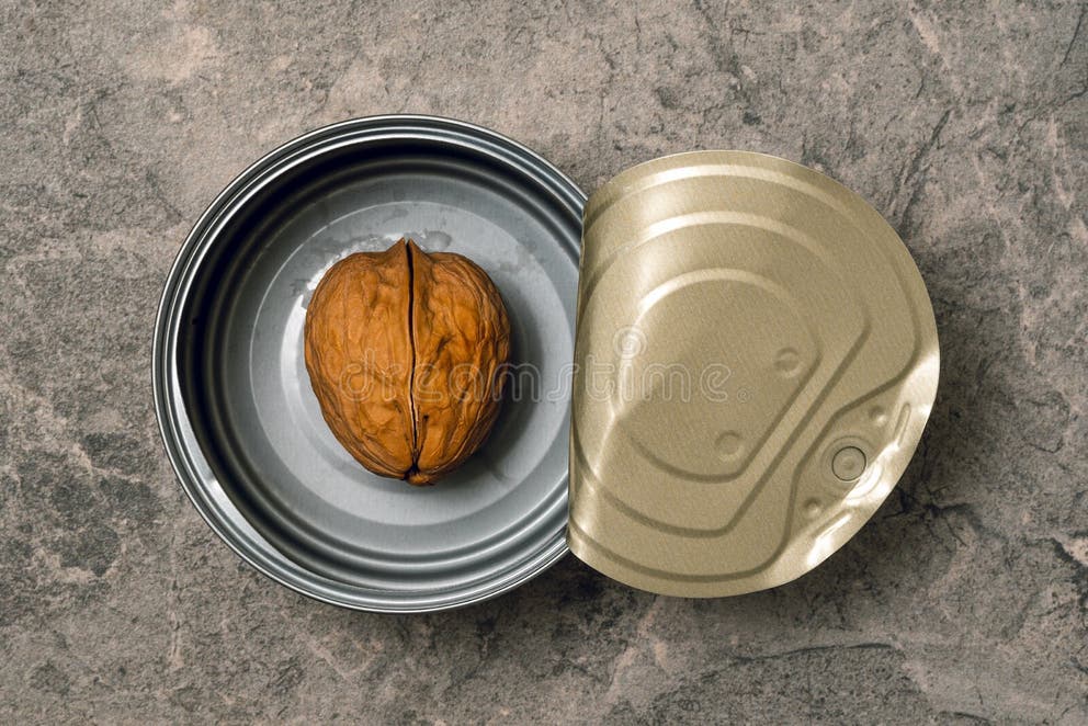 Opened Tin Can with a Single Walnut Inside Stock Image - Image of goods ...