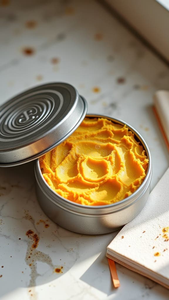 Opened Tin of Vibrant Pumpkin Puree on Marble Surface with Natural ...