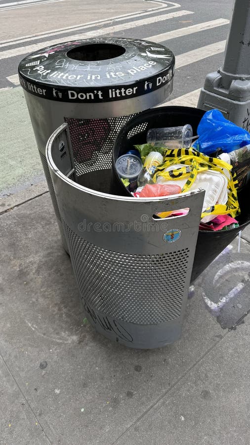 Opened Trash Can on Sidewalk NYC Editorial Stock Photo - Image of bags ...