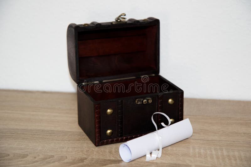 Opened Treasure Chest Next To a Blank Rolled Paper Stock Image - Image ...
