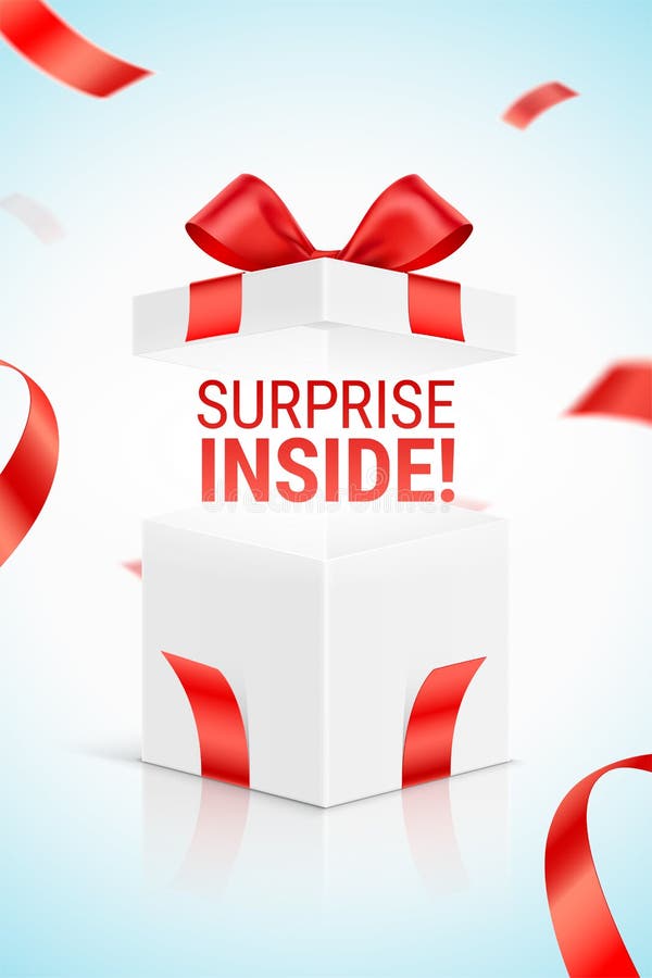 Surprise Inside Open Gift Box. Open White Gift Box with Red Ribbon and ...