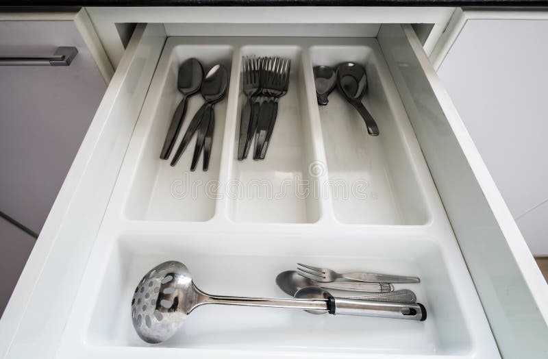 Opened White Modern Drawer with Kitchenware Stock Photo - Image of ...