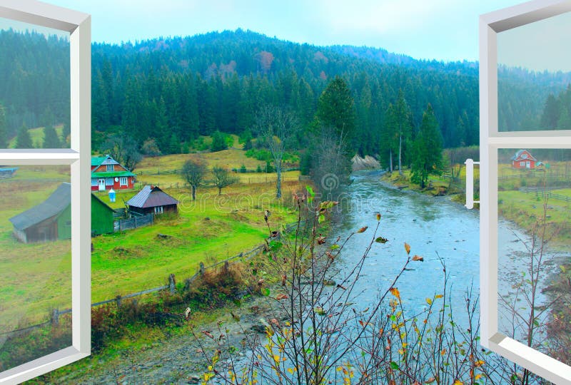 Opened Window Overlooking the River and Mountains Stock Image - Image ...