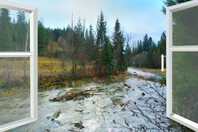 Opened Window Overlooking the River and Mountains Stock Image - Image ...