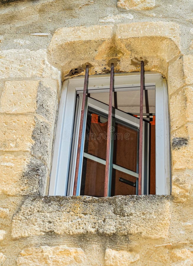 Opened, Wood Framed Window, with Iron, Protective Bars Stock Image ...