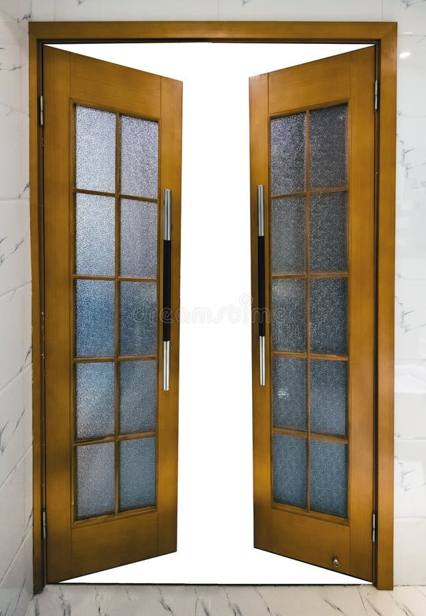 Opened Wooden Door with Glass and Handle on Wall Stock Image - Image of ...