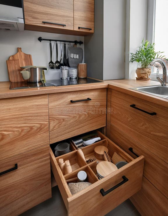 Opened Wooden Kitchen Drawer with Accessories Inside, Solution for ...