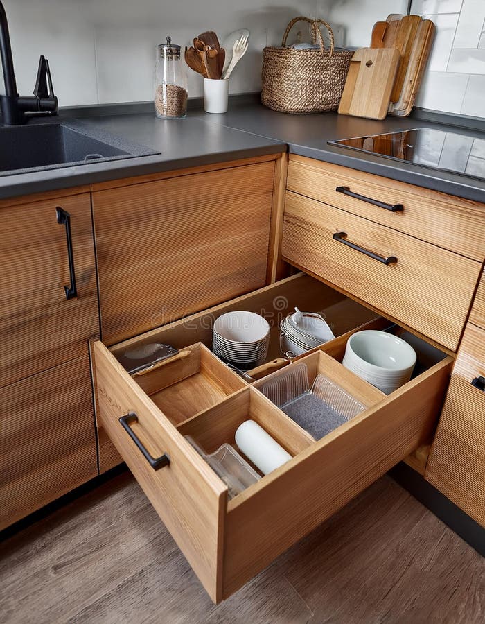 Opened Wooden Kitchen Drawer with Accessories Inside, Solution for ...