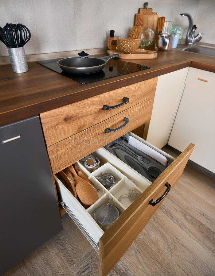Opened Wooden Kitchen Drawer with Accessories Inside, Solution for ...