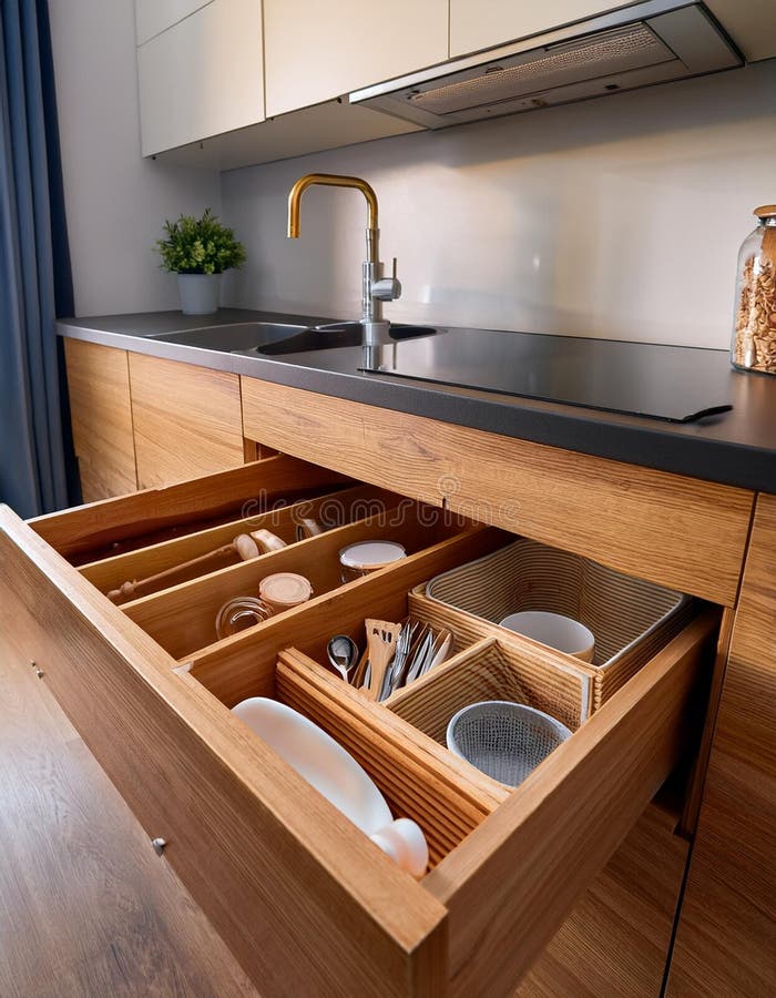 Opened Wooden Kitchen Drawer with Accessories Inside, Solution for ...