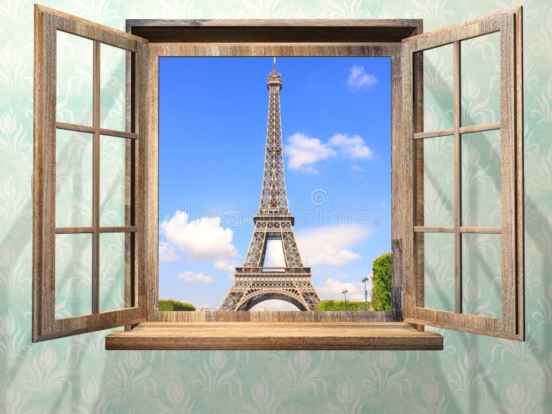 Opened Wooden Window and View on Eiffel Tower, Paris Stock Image ...