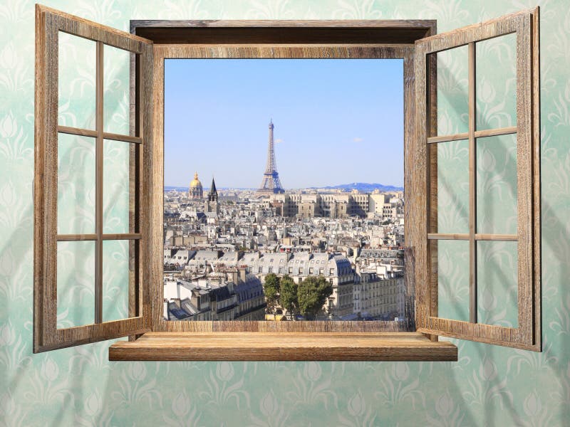 Opened Wooden Window and View on Eiffel Tower, Paris Stock Illustration ...