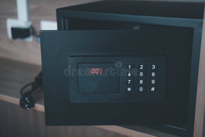 Opening Black Steel Safe with Electronic Lock at Hotel Stock Image ...