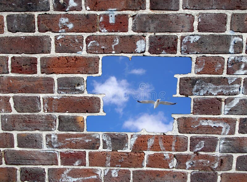 Opening in a Brick Wall, Blue Sky and Seagull Stock Image - Image of ...