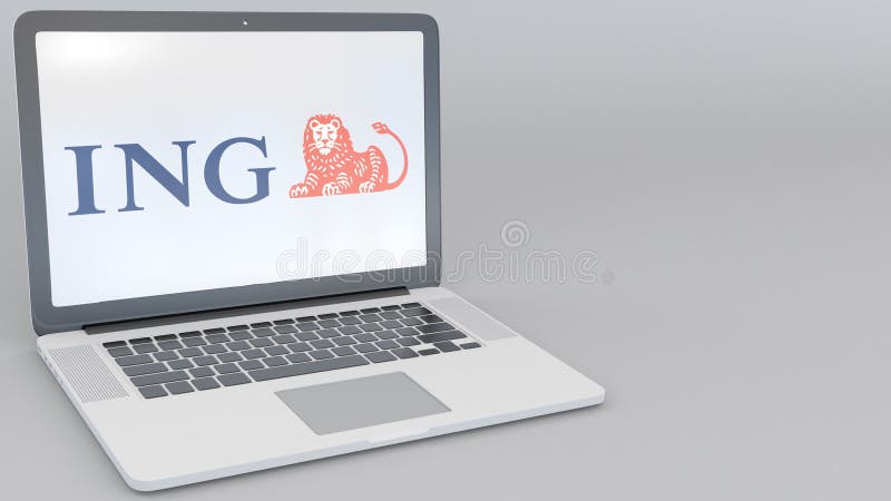 Opening and Closing Laptop with ING Group Logo on the Screen. Computer ...