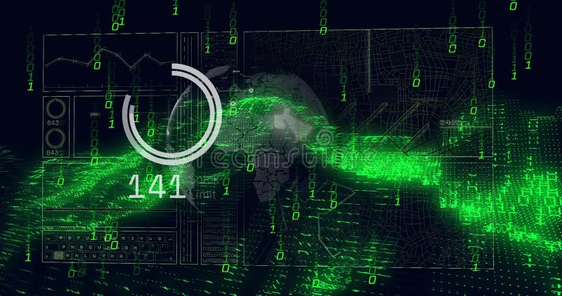 Opening Dark Void with Binary Code Globe Emerging, Gauge Counting Up Visualizing Data Streams ...