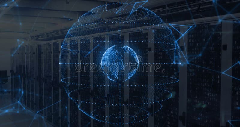 Opening Data Center Revealing Holographic Globe Rotating with Pulsing Rings Visualizing Network ...
