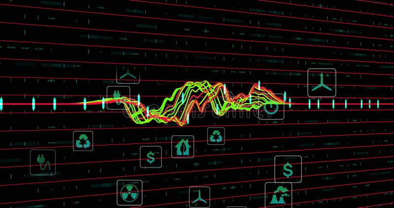 Opening Digital Grid Starting Waveform Peaking Shifting while Icons Fading Visualizing Data ...
