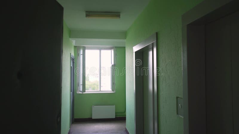 Opening Door Revealing Empty Green Hallway with Elevators Stock Footage - Video of window ...