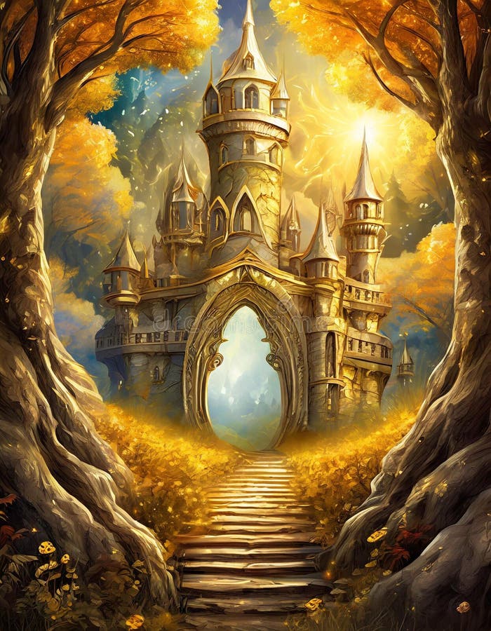 An Opening in the Golden Forest, Revealing a Magic Castle Stock ...