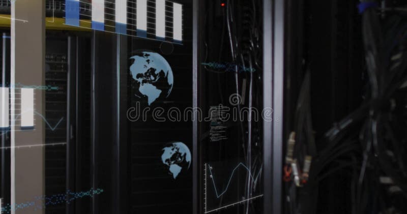 Opening Static Server Rack Visualizing Data Bar Chart Appearing, Globes ...