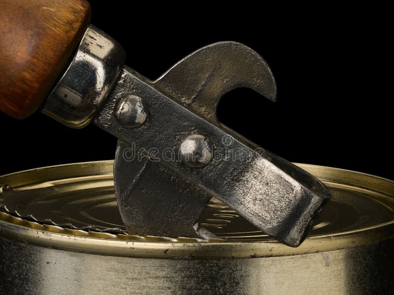 Opening of Tin Can by an Old Can Opener Stock Photo - Image of close ...