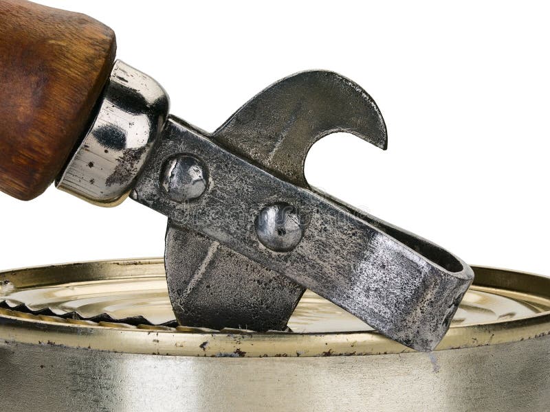 Opening of Tin Can by an Old Can Opener Stock Image - Image of close ...