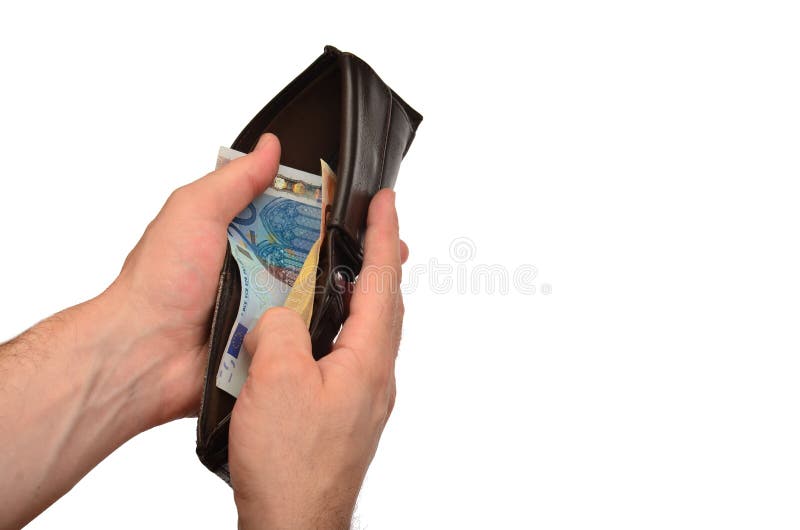 Opening Wallet with Euro and Dollar Banknotes Bills, Coins and Credit ...