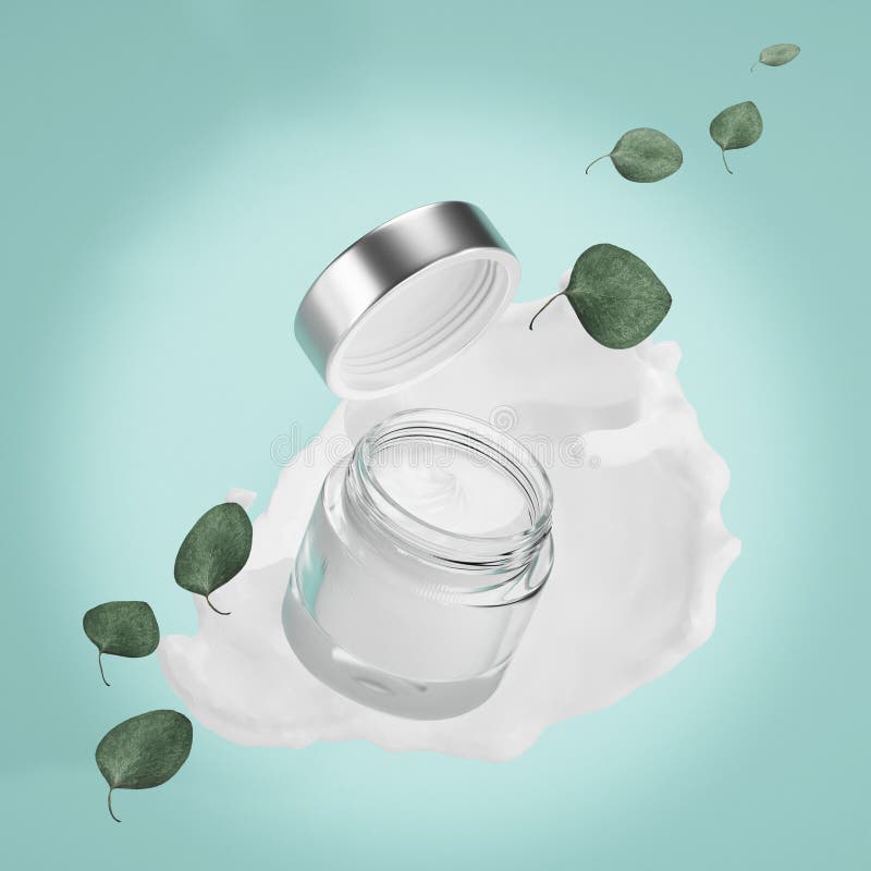 Opened Glass Cream Container with Cream Splash and Eucalyptus Leaves on ...