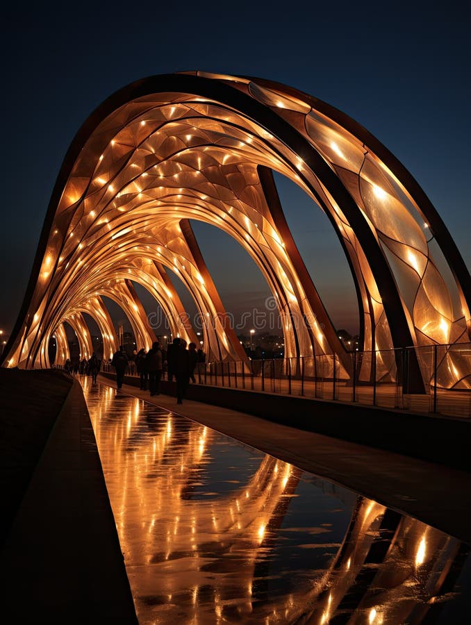 An Openwork Pedestrian Bridge with External Lighting at Night ...