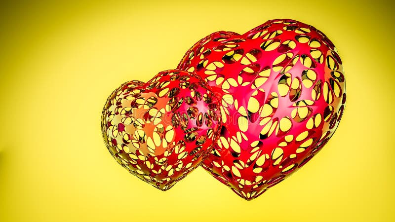 Three-dimensional Model of Hearts on a Yellow Background. 3D Rendering ...