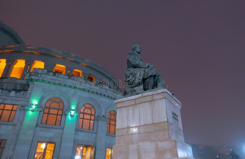 Opera House Tumanyan Statue at Night Editorial Photography - Image of ...