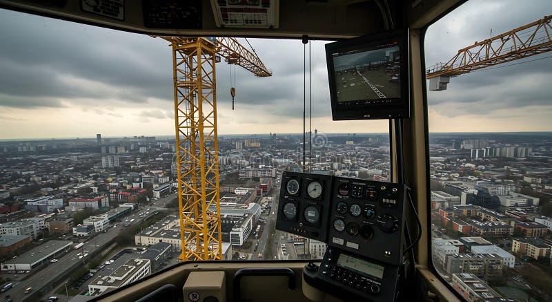 Operating a Construction Crane with Cityscape View from the Cabin Stock ...