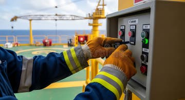 Operating Control Panel on Offshore Platform with Safety Gear Stock ...