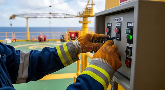 Operating Control Panel on Offshore Platform with Safety Gear Stock ...
