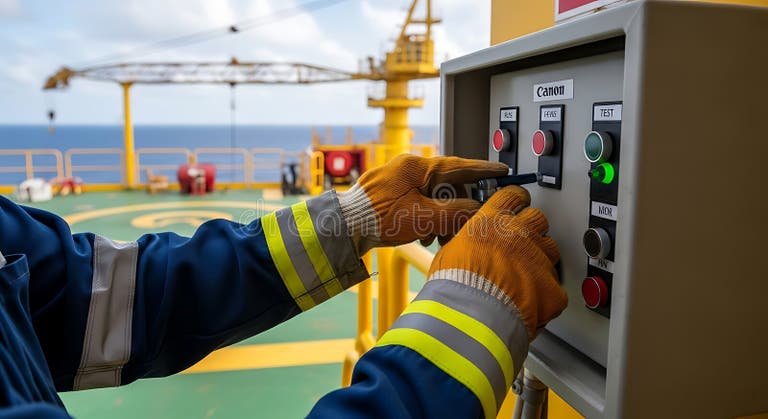 Operating Control Panel on Offshore Platform with Safety Gear Stock ...