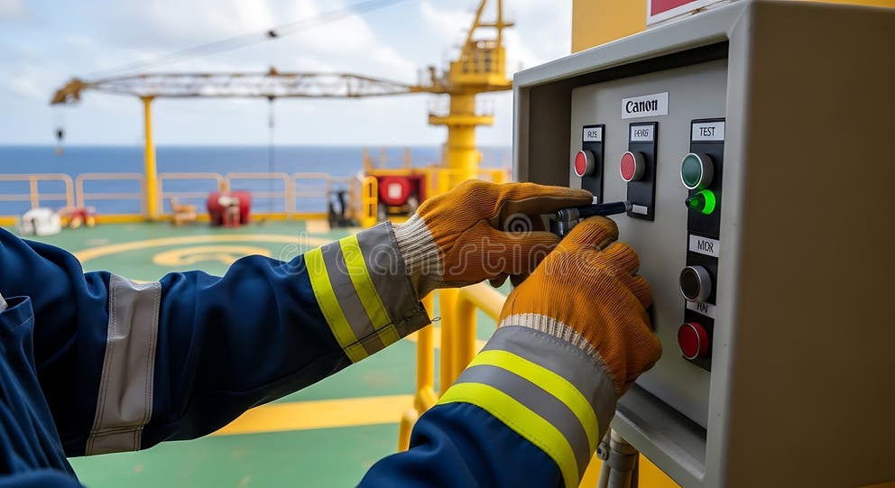 Operating Control Panel on Offshore Platform with Safety Gear Stock ...
