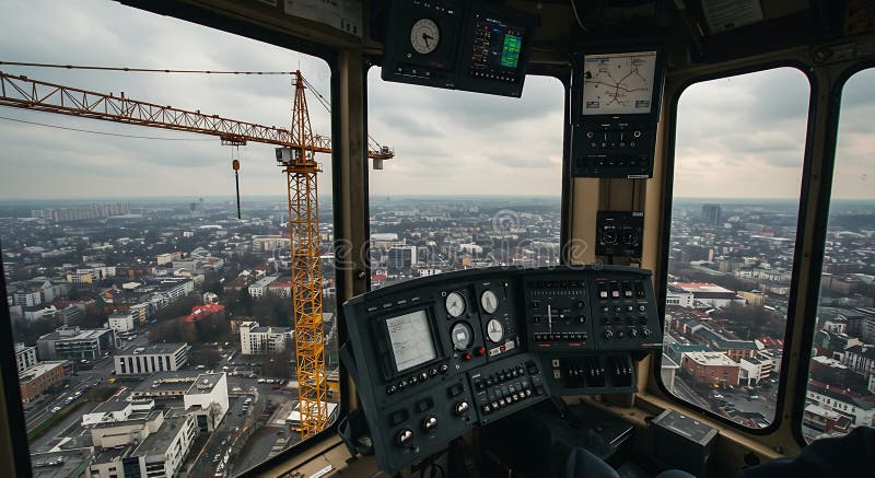 Operating Crane Above Cityscape from Cabin Interior with Control Panel ...