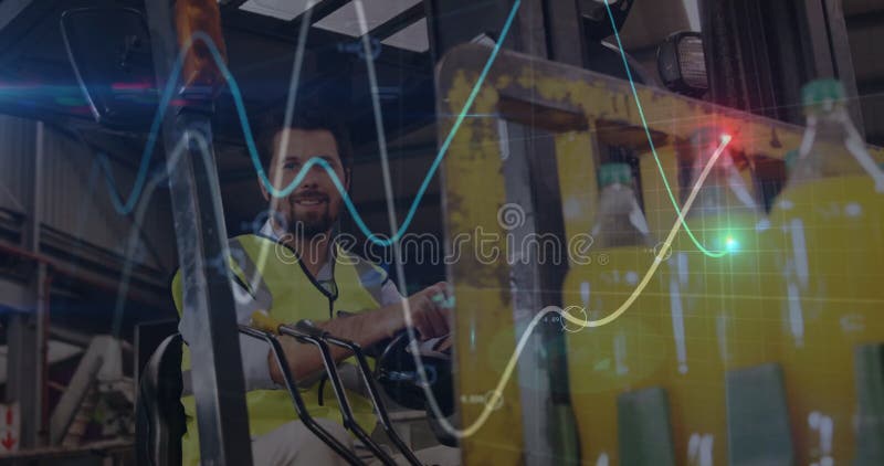 Operating Forklift in Warehouse, Worker with Colorful Data Animation Overlay Stock Footage ...